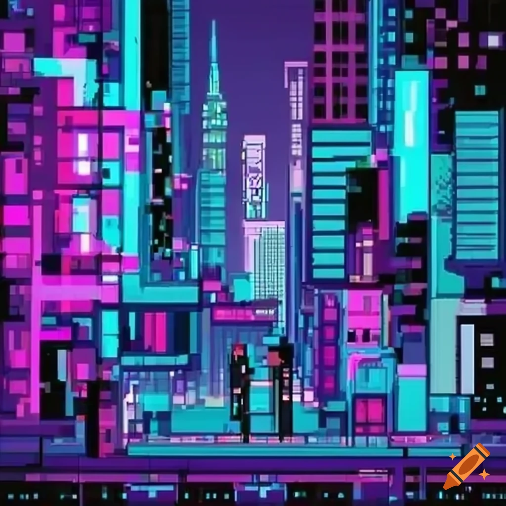 A futuristic neon city in pixel art style spirte multiple pose