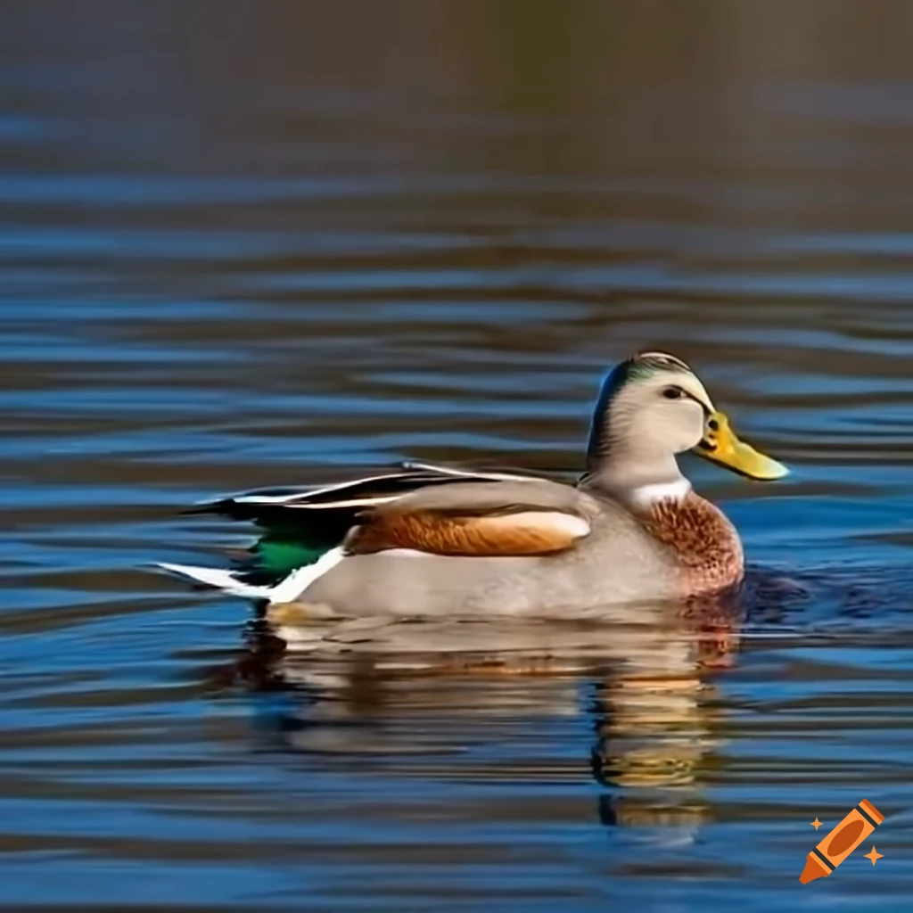 Duck sitting on a placid lake with birds flying overhead