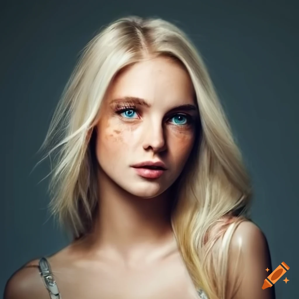 Beautiful young woman shoulder-length blonde hair very light freckles