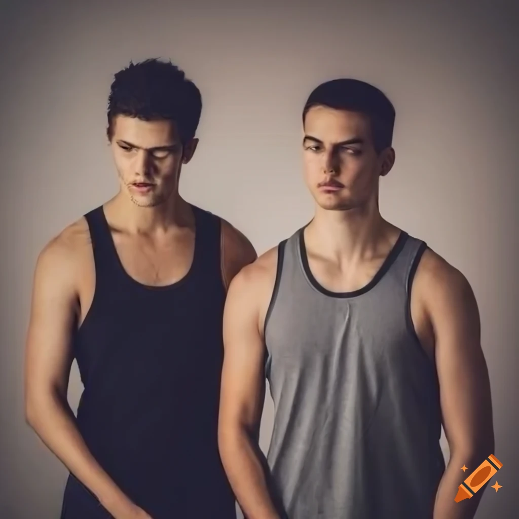 Close-up of two men in tank top with white background vintage style on ...