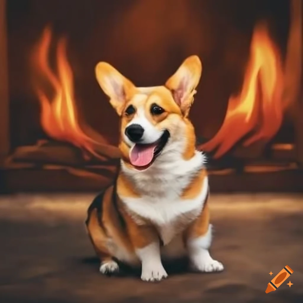 Pembroke welsh corgi sits by the fire on Craiyon