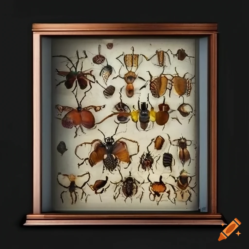 Display case with various preserved insects for collection on Craiyon