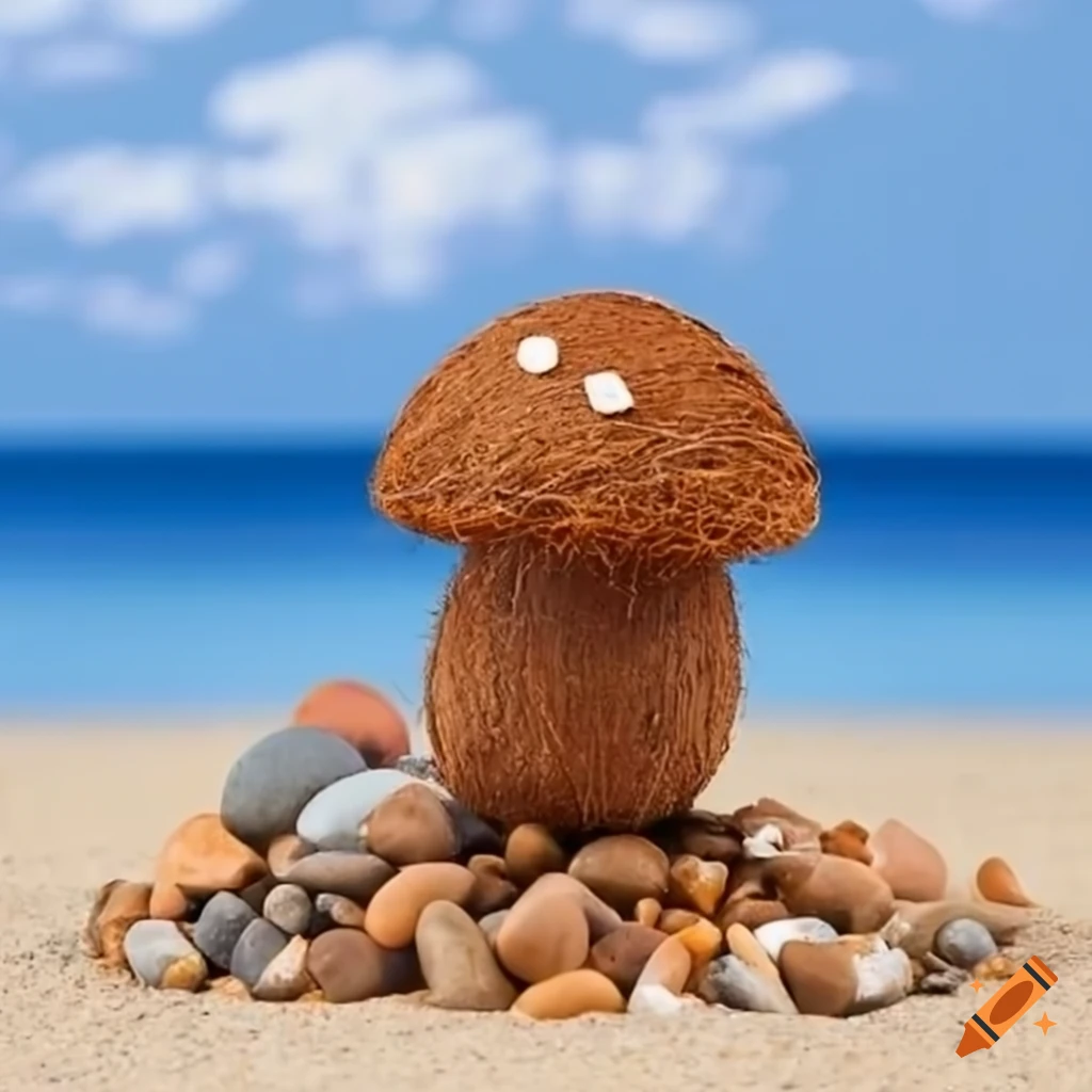 Mushroom made of brown coconuts on sand beach with pebbles on Craiyon