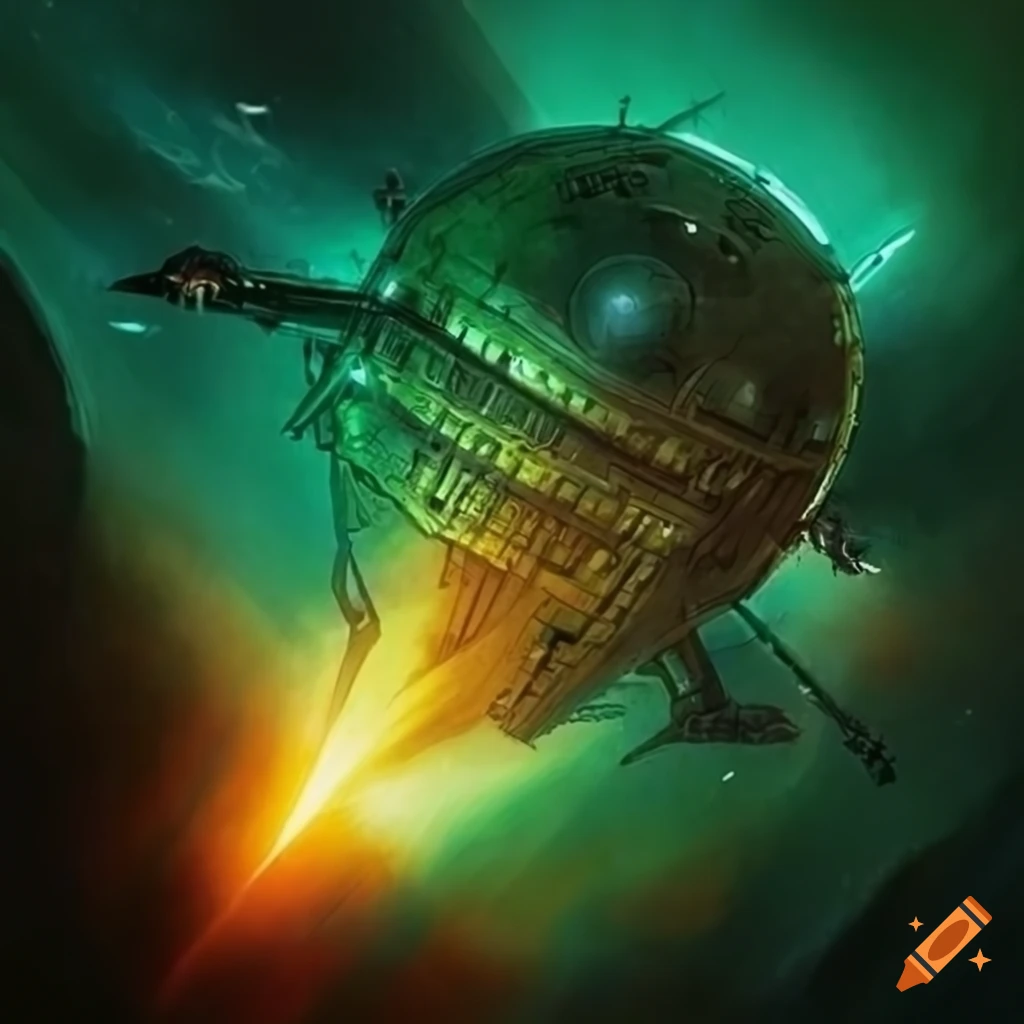 70s sci fi ship green art