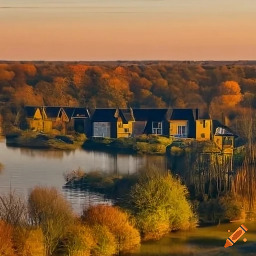 Modern timber town houses on stilts in an english wetland in autumn on ...