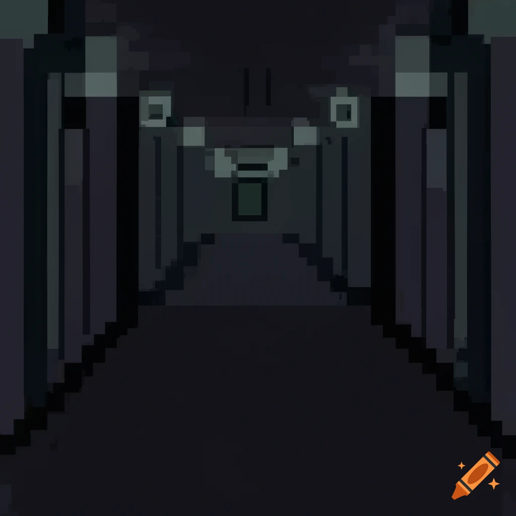 A pixel art of a dim and dark liminal hallway on Craiyon