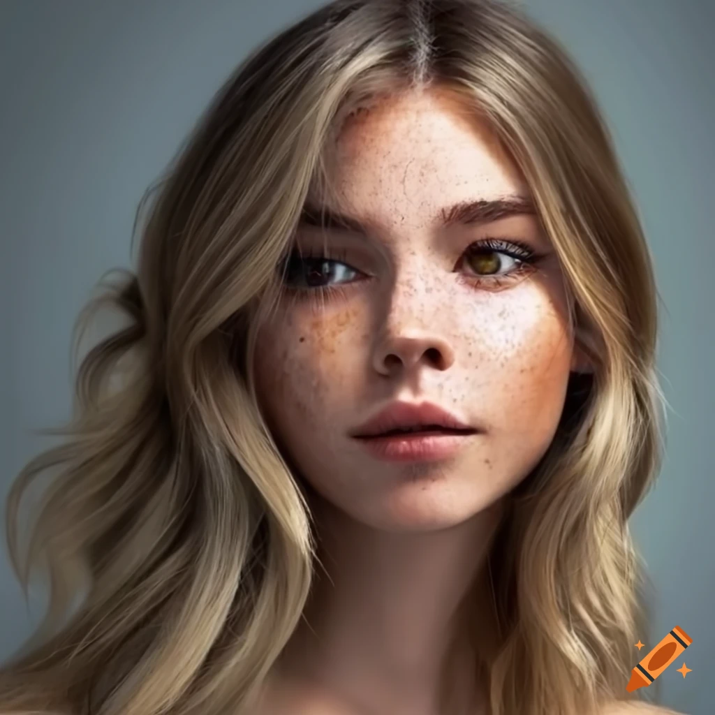 Beautiful Young Woman Shoulder Length Blonde Hair Very Light Freckles