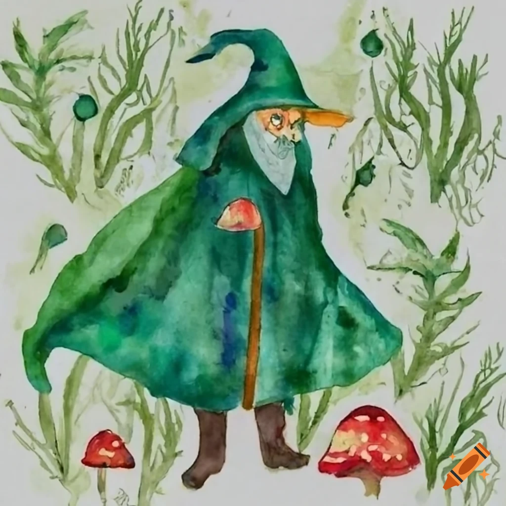 A wise wizard in an emerald cloak with mushrooms and plants on Craiyon