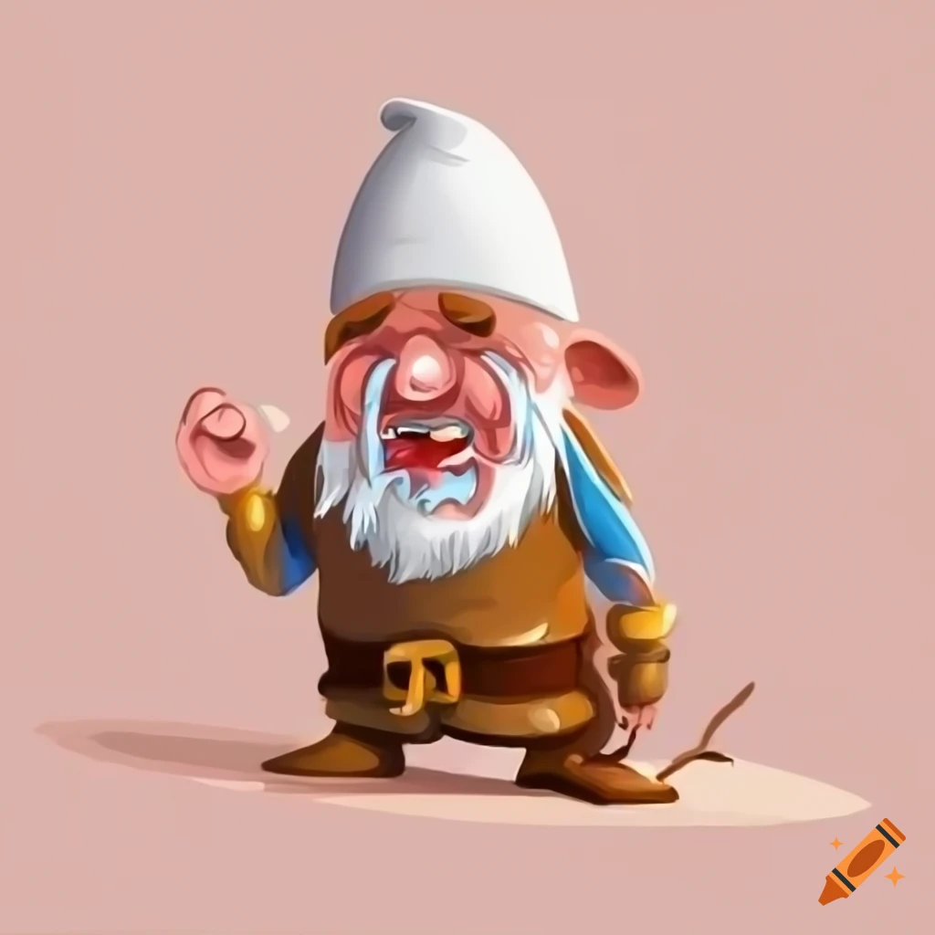 Cartoon image of a dwarf with a cap straining and crying on Craiyon