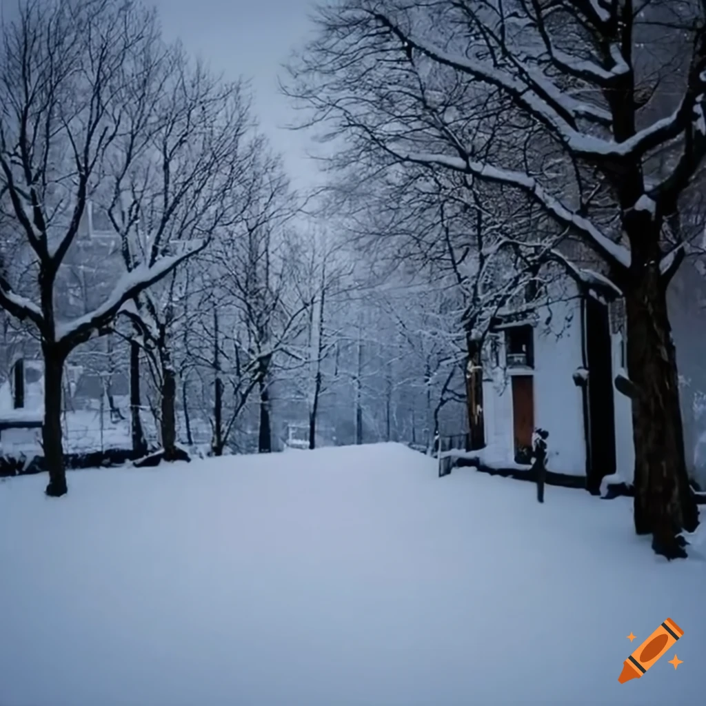 A dark street covered in snow during the winter