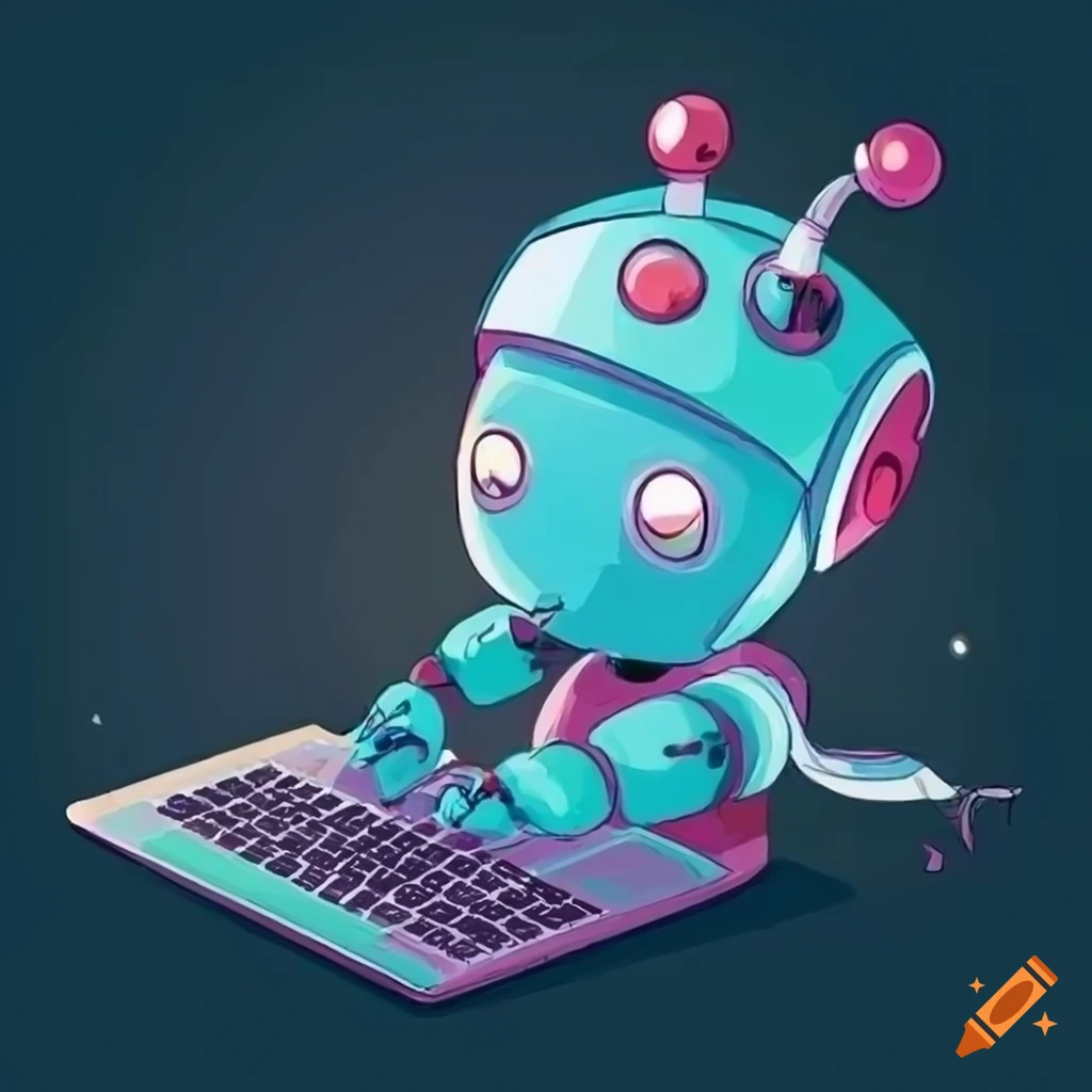 Cute robot with laptop in manga style