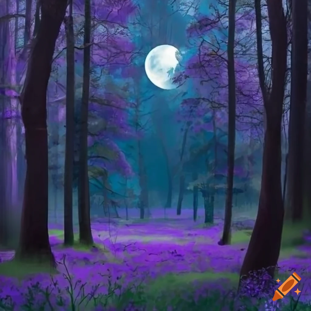 Moonlit forest dark purple flowers greenery blue clearing landscape