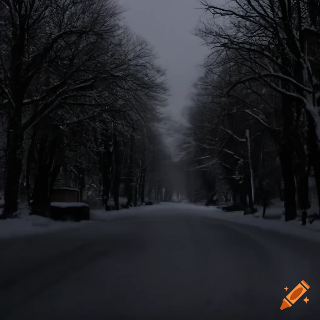 A dark street covered in snow during the winter on Craiyon
