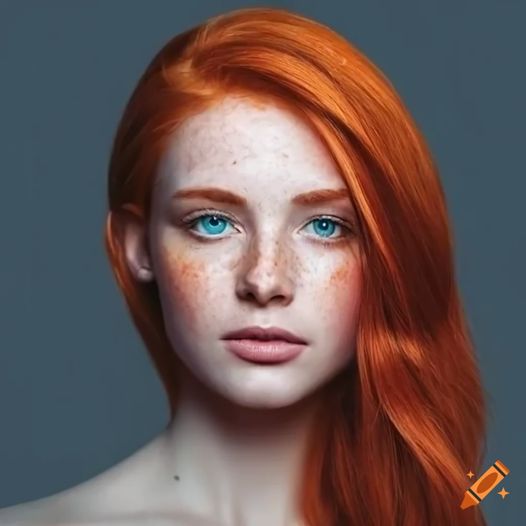 Beautiful Young Woman Shoulder Length Red Hair Very Light Freckles On
