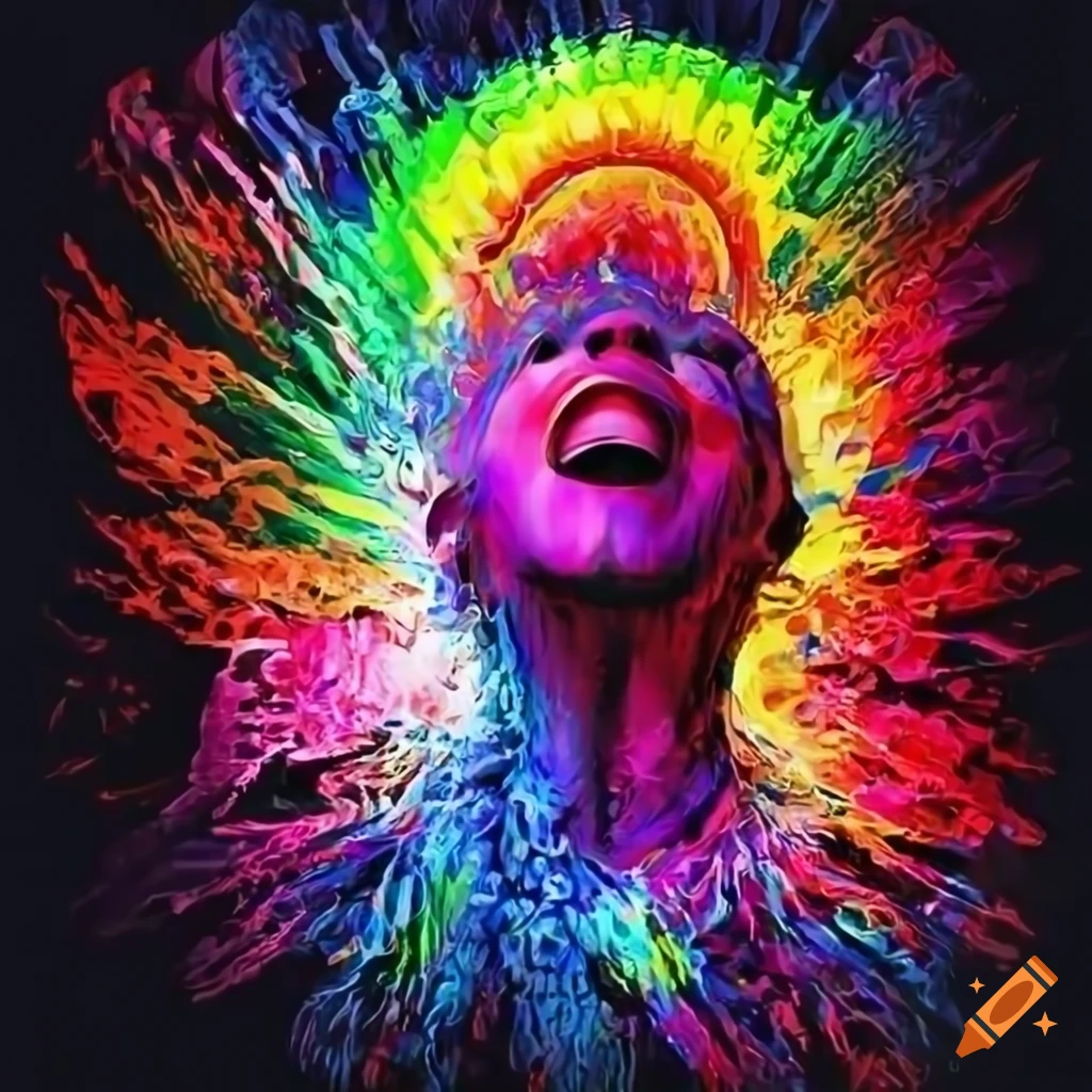 A very happy person making art on a black computer with a rainbow ...