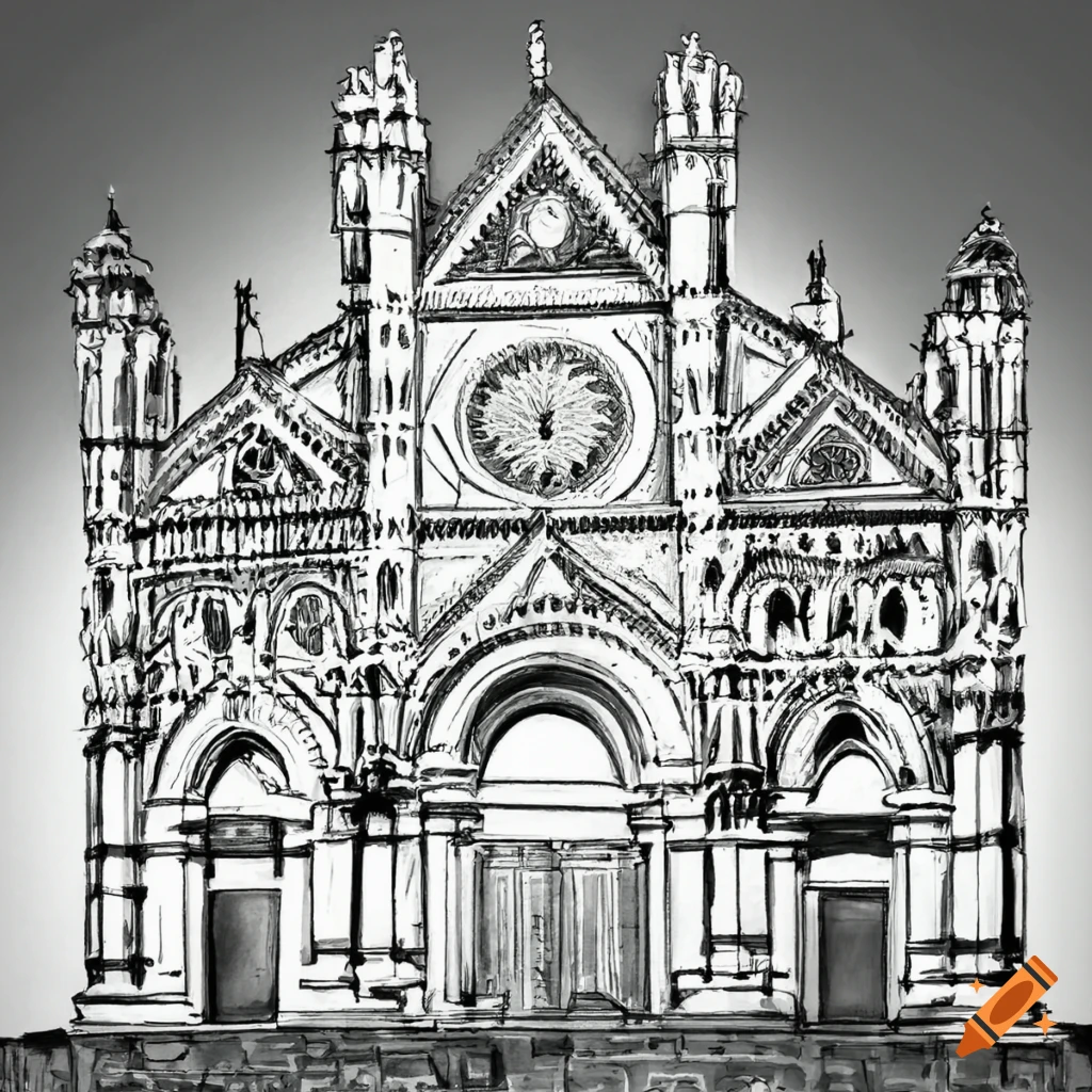 A simple black and white drawing of siena cathedral's façade with bell ...