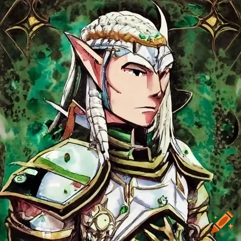Anime elf sentry guard sentinel wearing white and green metal and ...