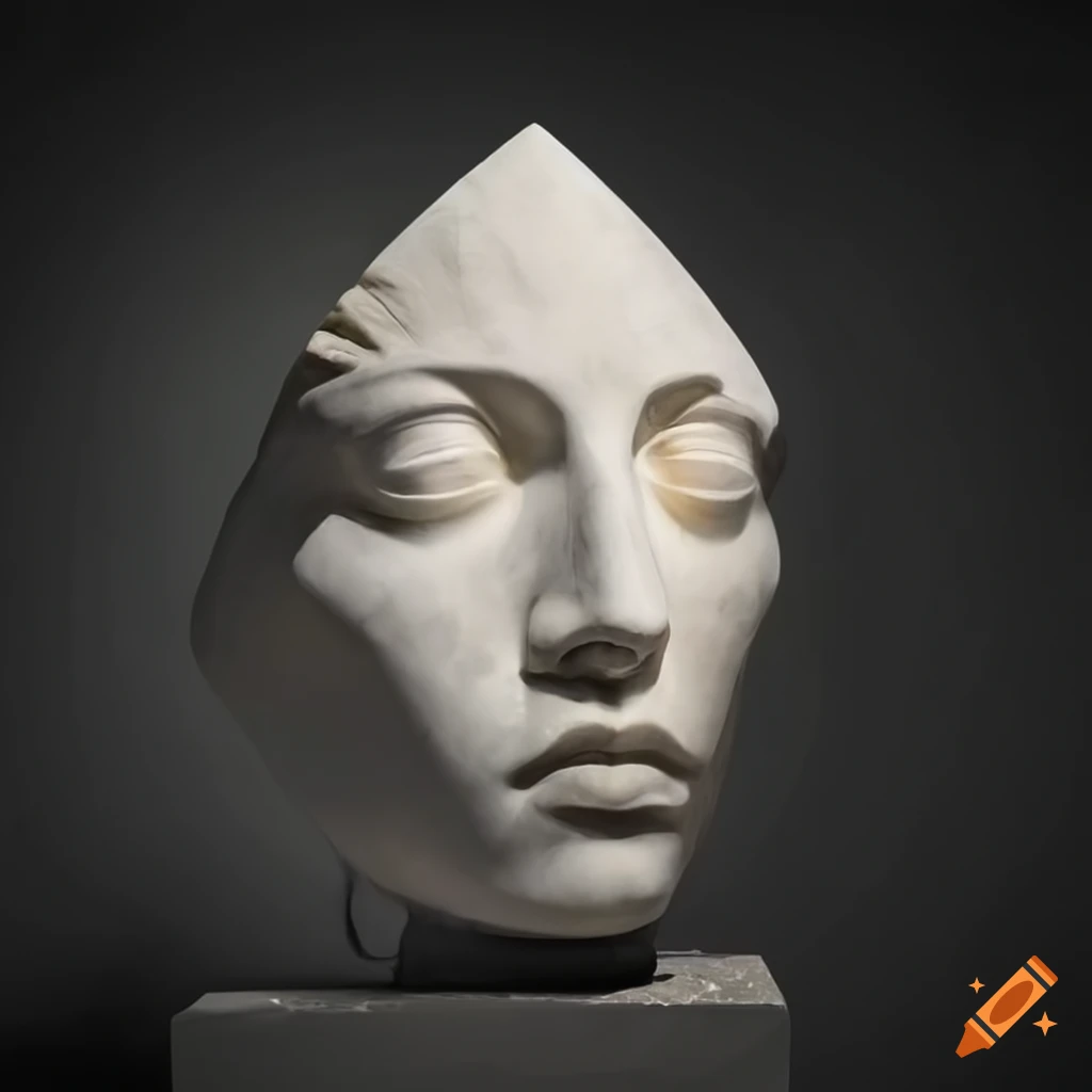 Surreal marble sculpture of a geometric human face that symbolizes the dramatic fall of the ...