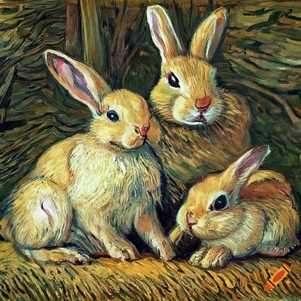 A family of three rabbits in a forest. the mommy rabbit and daddy ...