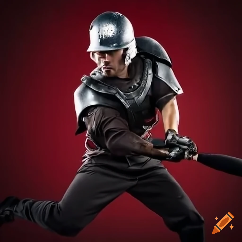 A baseball player ready to hit while wearing a suit of armor on Craiyon
