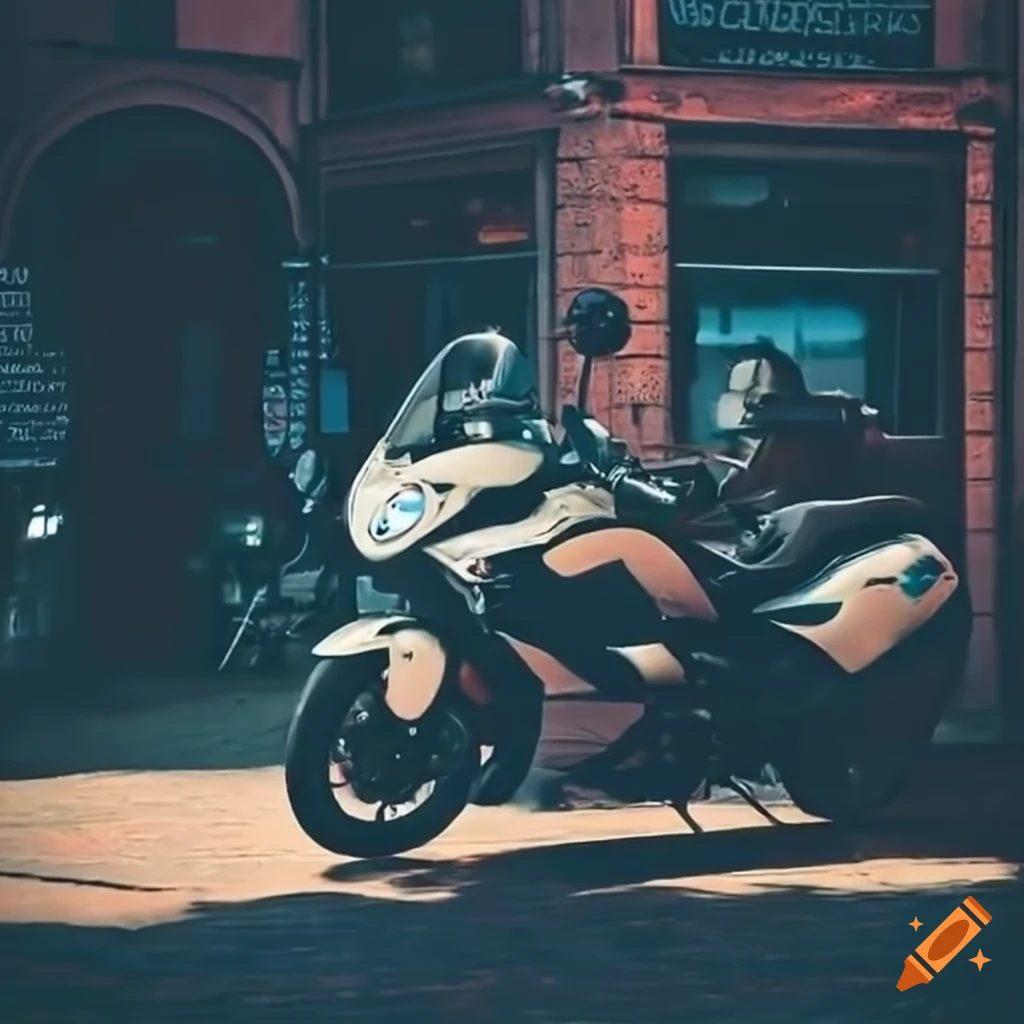 Bmw rider outside at a coffee shop on Craiyon