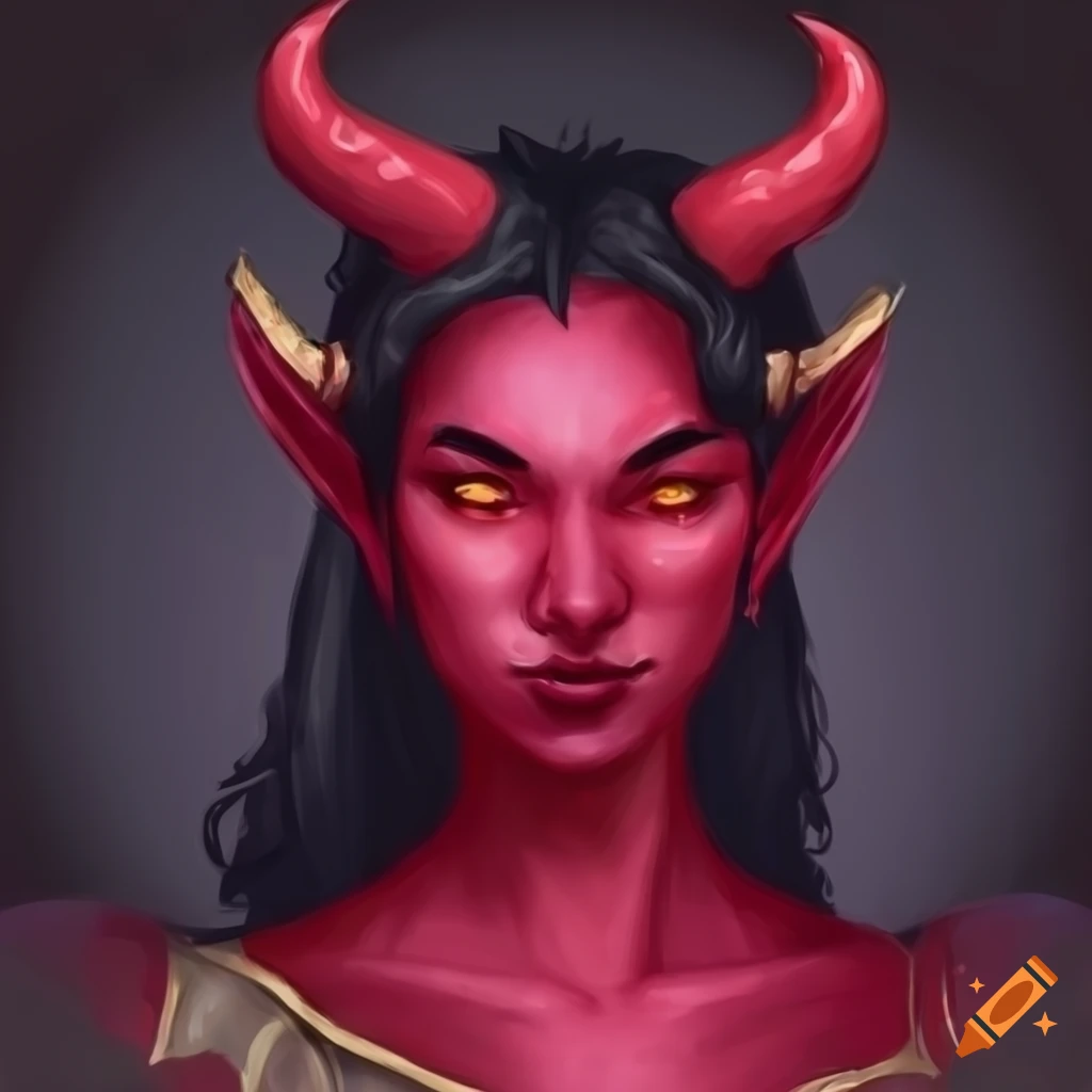 A tiefling woman with red skin and horns, black hair, and sorceress ...
