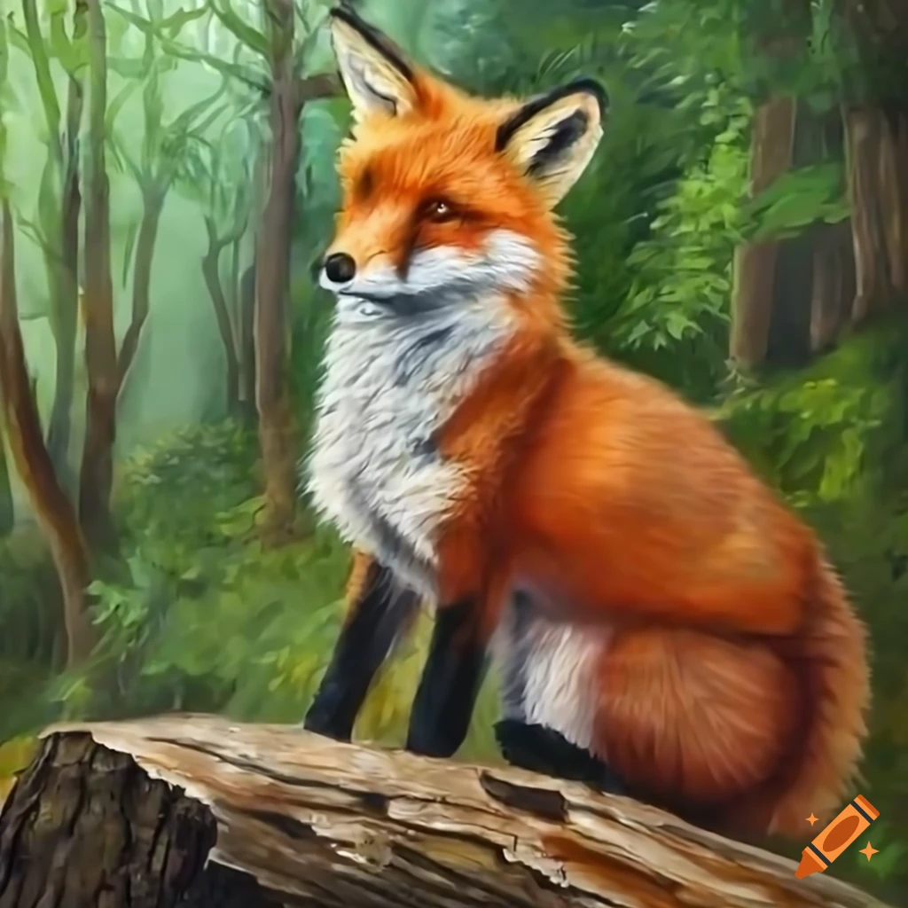 A fox, seen from a low angle, standing on a fallen tree trunk, in a ...