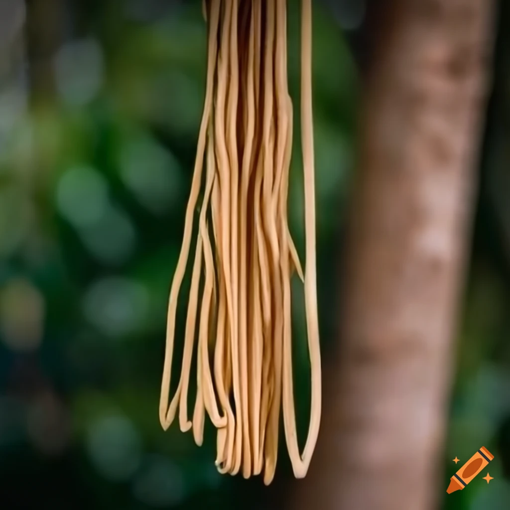 Hiperealistic photo of noodles hanging from tree