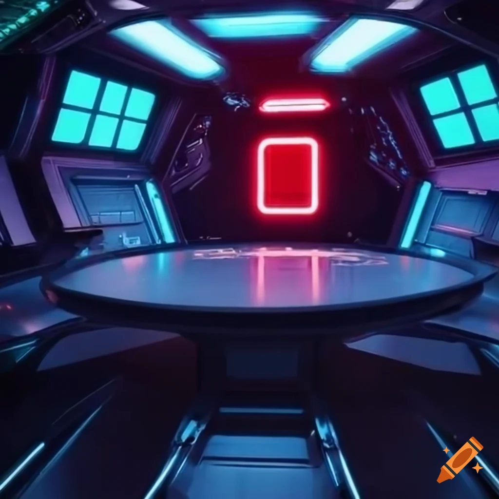 Starship interior workstation; neon lights
