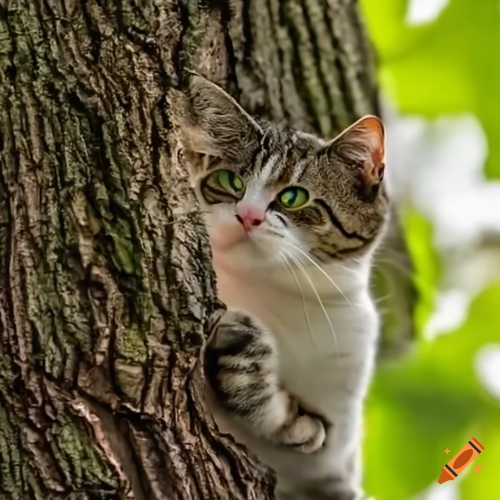 Cat stuck in a tree accompanied by a fireman