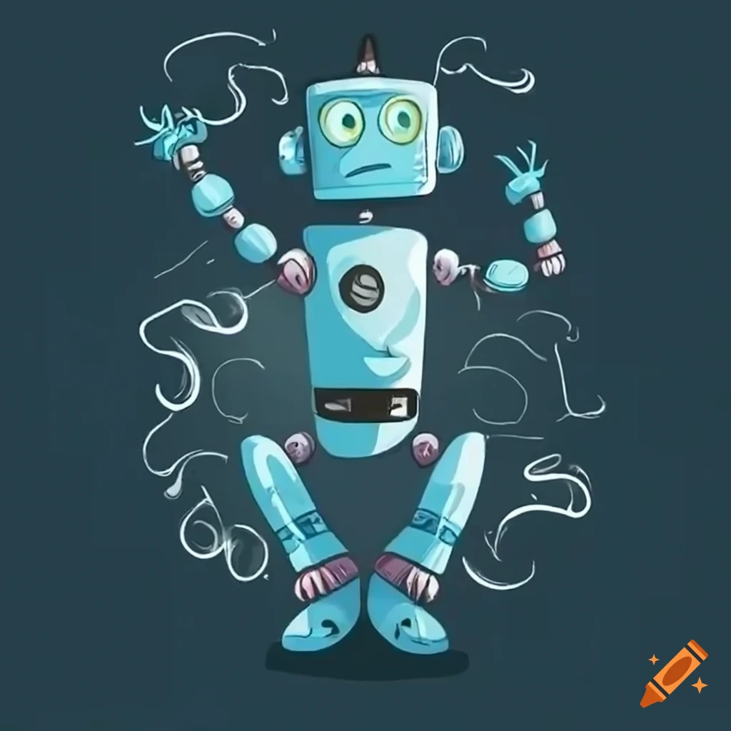 A cartoon robot sitting and releasing smoke from its overheated feet on ...