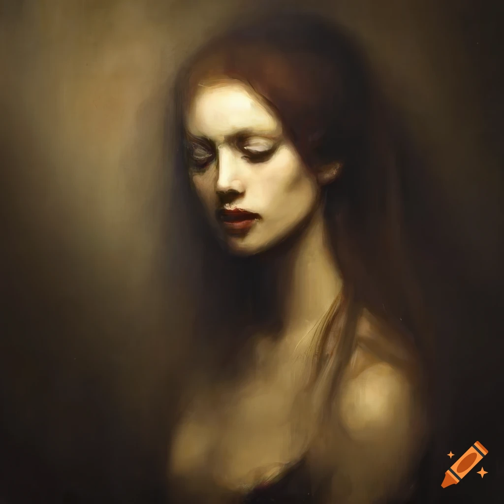 Artist: christopher shy. dark romantic painting of a beautiful woman. visible canvas texture and ...