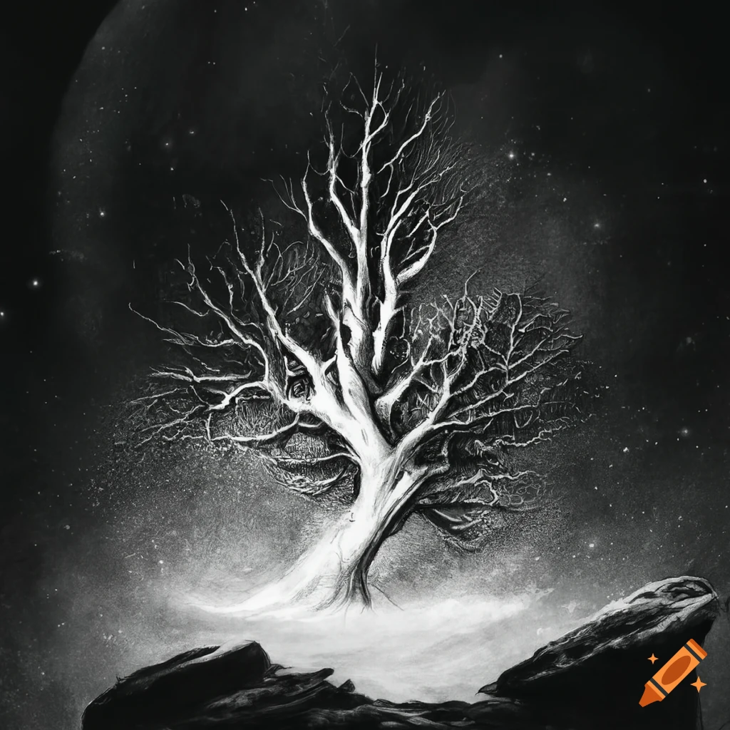 Detailed pencil drawing of a tree on a rocky cliff in space on Craiyon