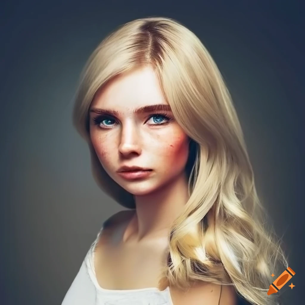Beautiful young woman shoulder-length blonde hair very light freckles on Craiyon