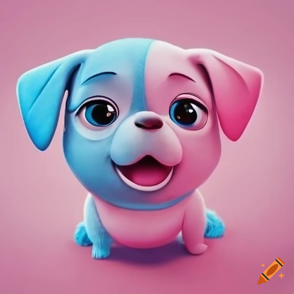 Cute pixar style pink, blue, and white puppy character design on Craiyon
