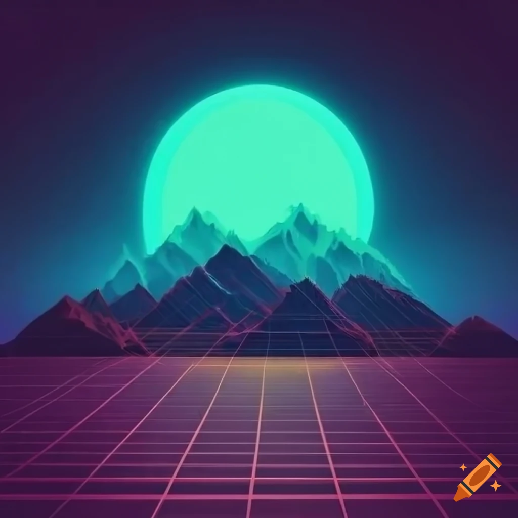 A retro neon landscape with grid and mountains under a crescent moon on ...