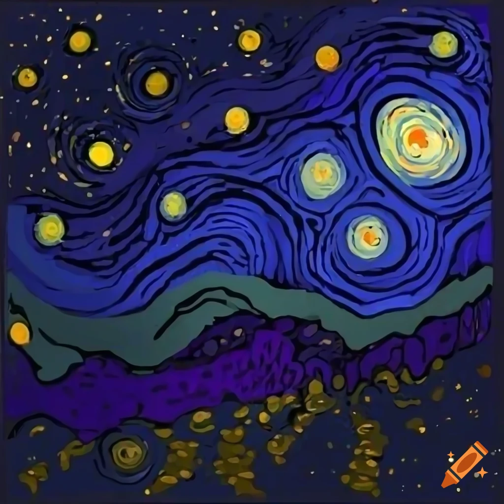 Starry starry night inverted colors cartoon effect on Craiyon