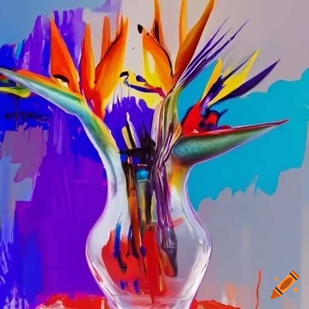 Birds of paradise tropical flowers in a clear glass vase with a bright ...