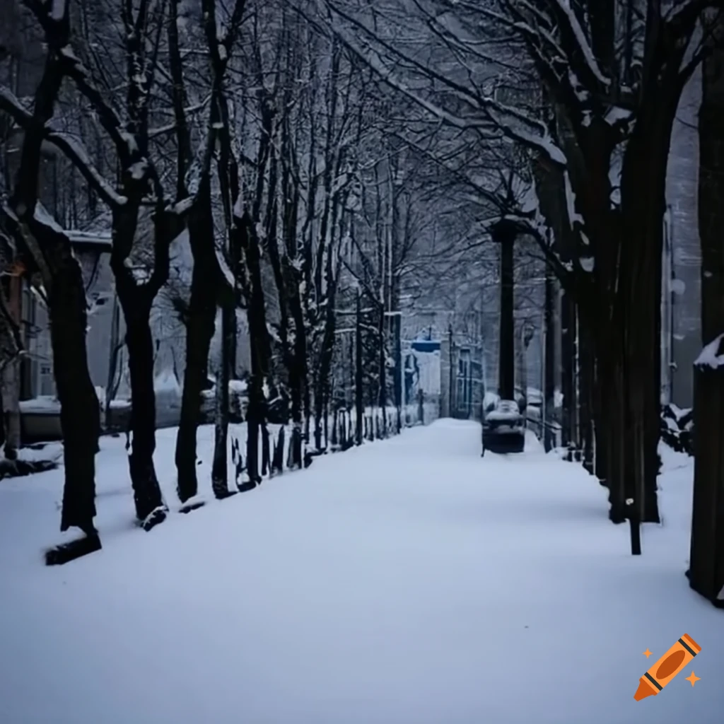 A dark street covered in snow during the winter