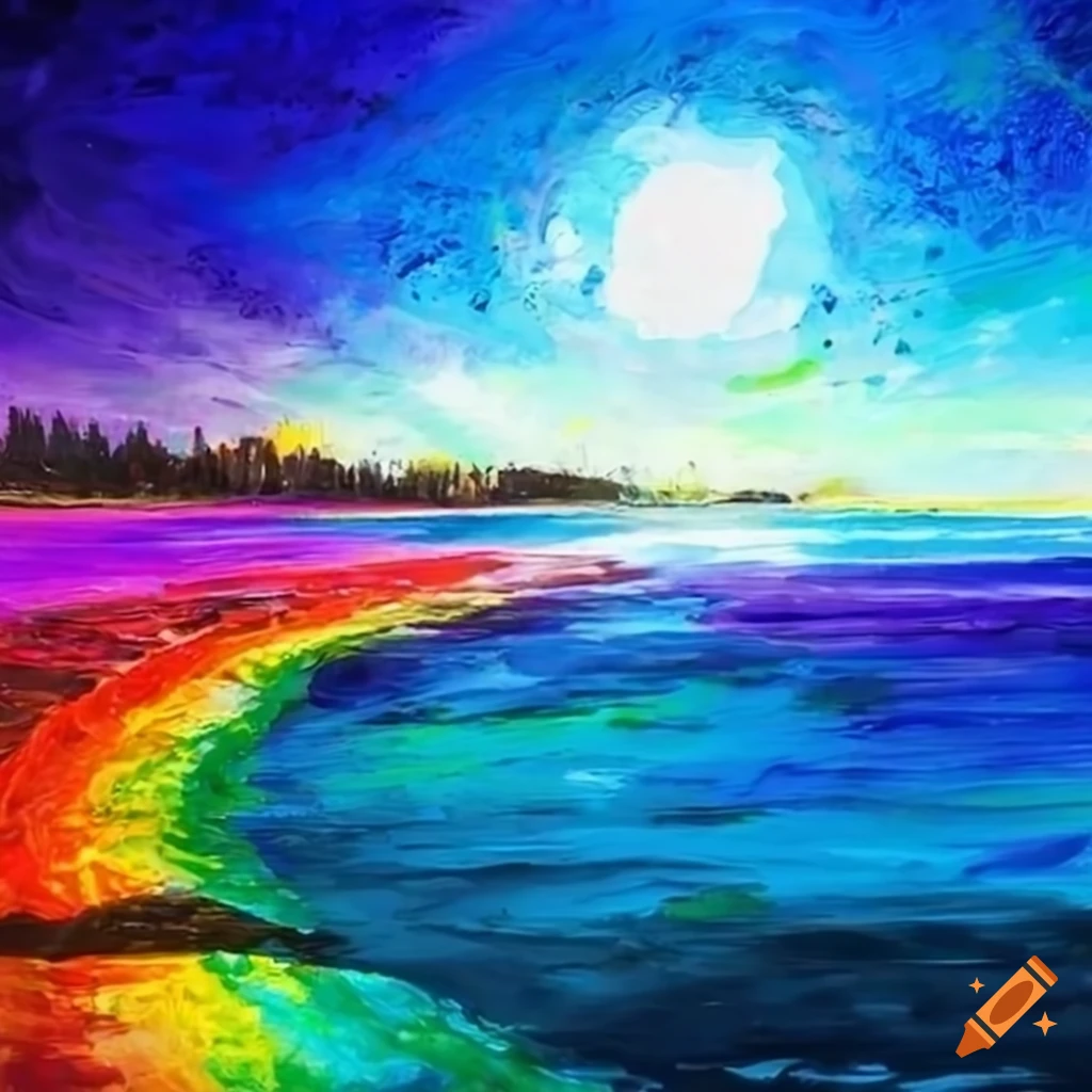 Vibrant colors painting of a rainbow over the wavey ocean