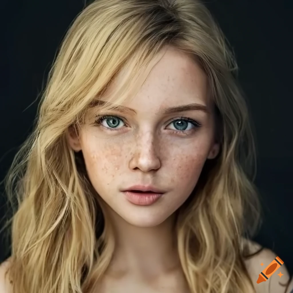Beautiful Young Woman Shoulder Length Blonde Hair Very Light Freckles