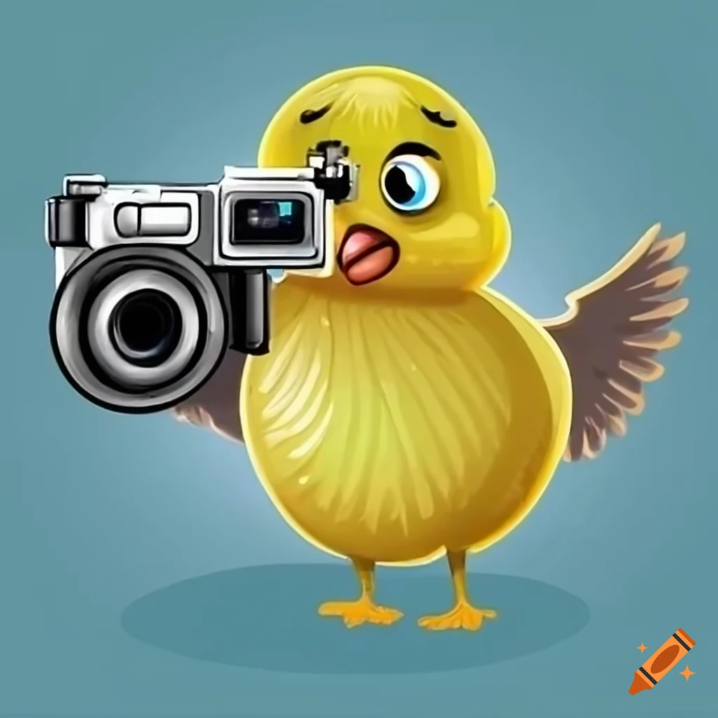Yellow kiwi bird holding camera with wings on Craiyon