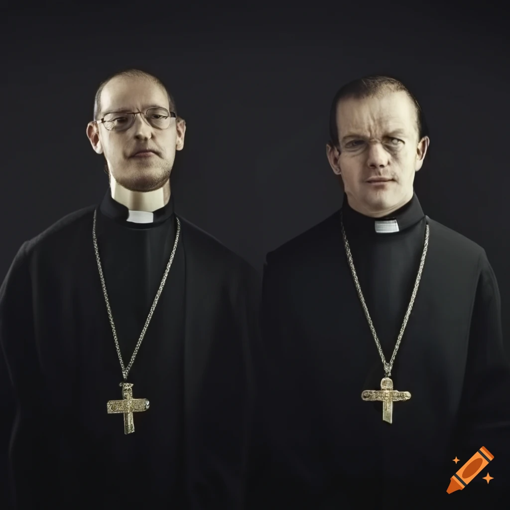 Close-up of two priests with white background vintage style