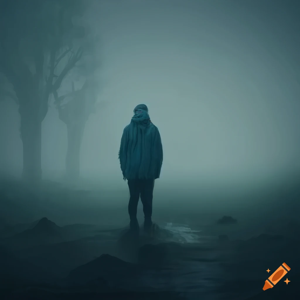 Man standing in a magical landscape shrouded in mist on Craiyon
