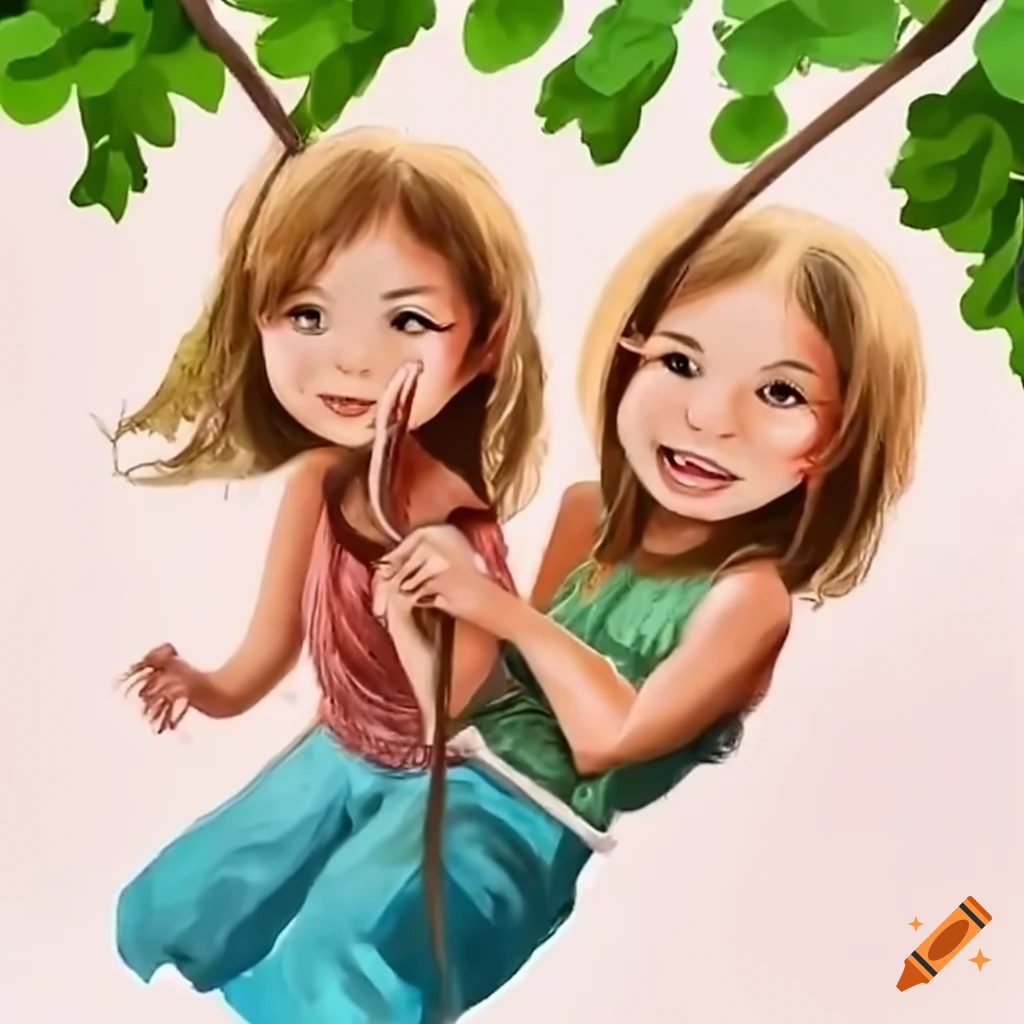 Two Happy Sisters Playing On A Tree Swing