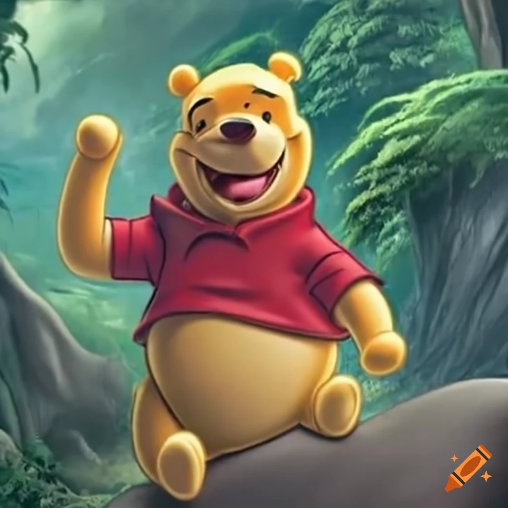 Winnie the Pooh riding on Baloo the bear from "The Jungle Book" on Craiyon