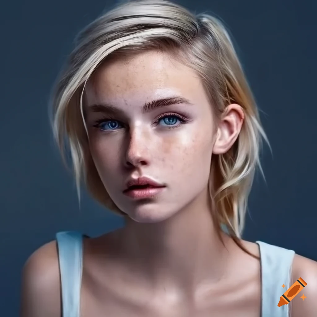 Beautiful Young Woman Shoulder Length Blonde Hair Very Light Freckles