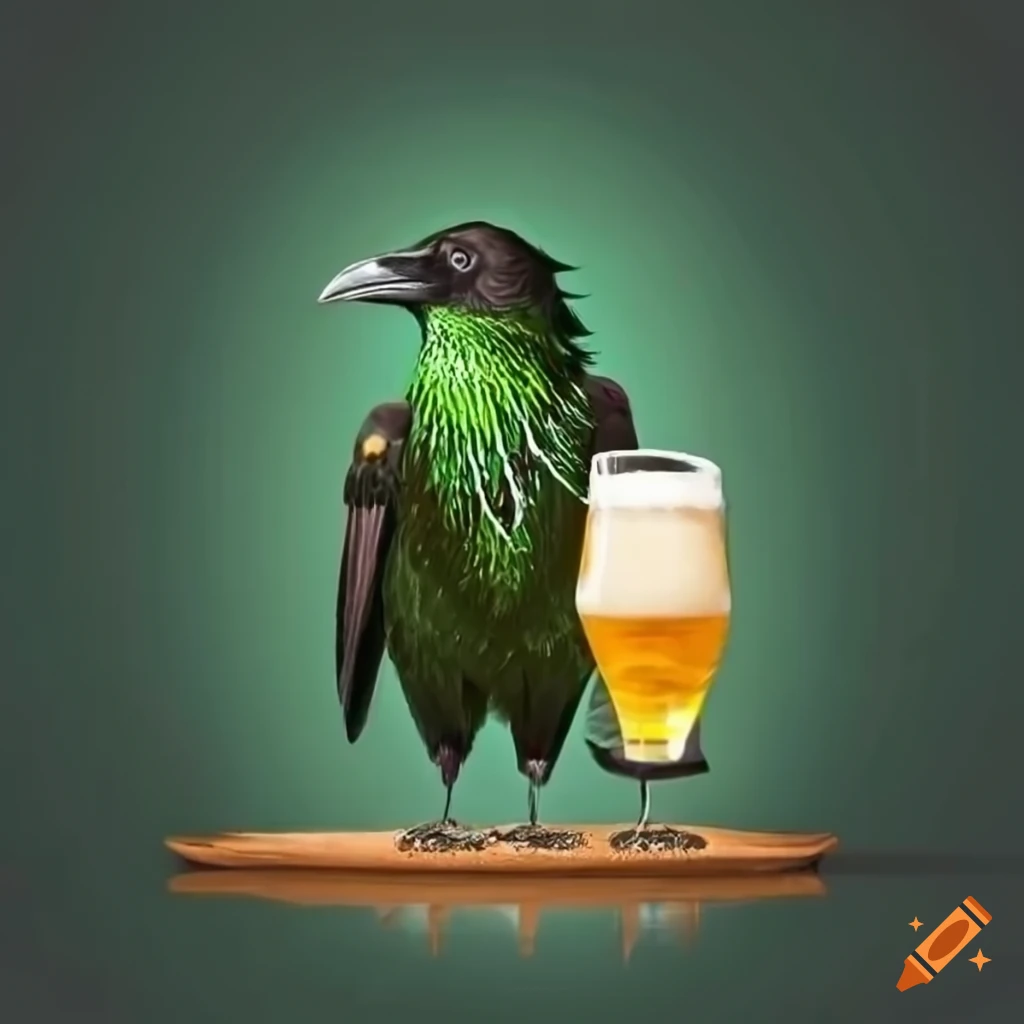 Bearded raven in a traditional german outfit in green with a glass of beer