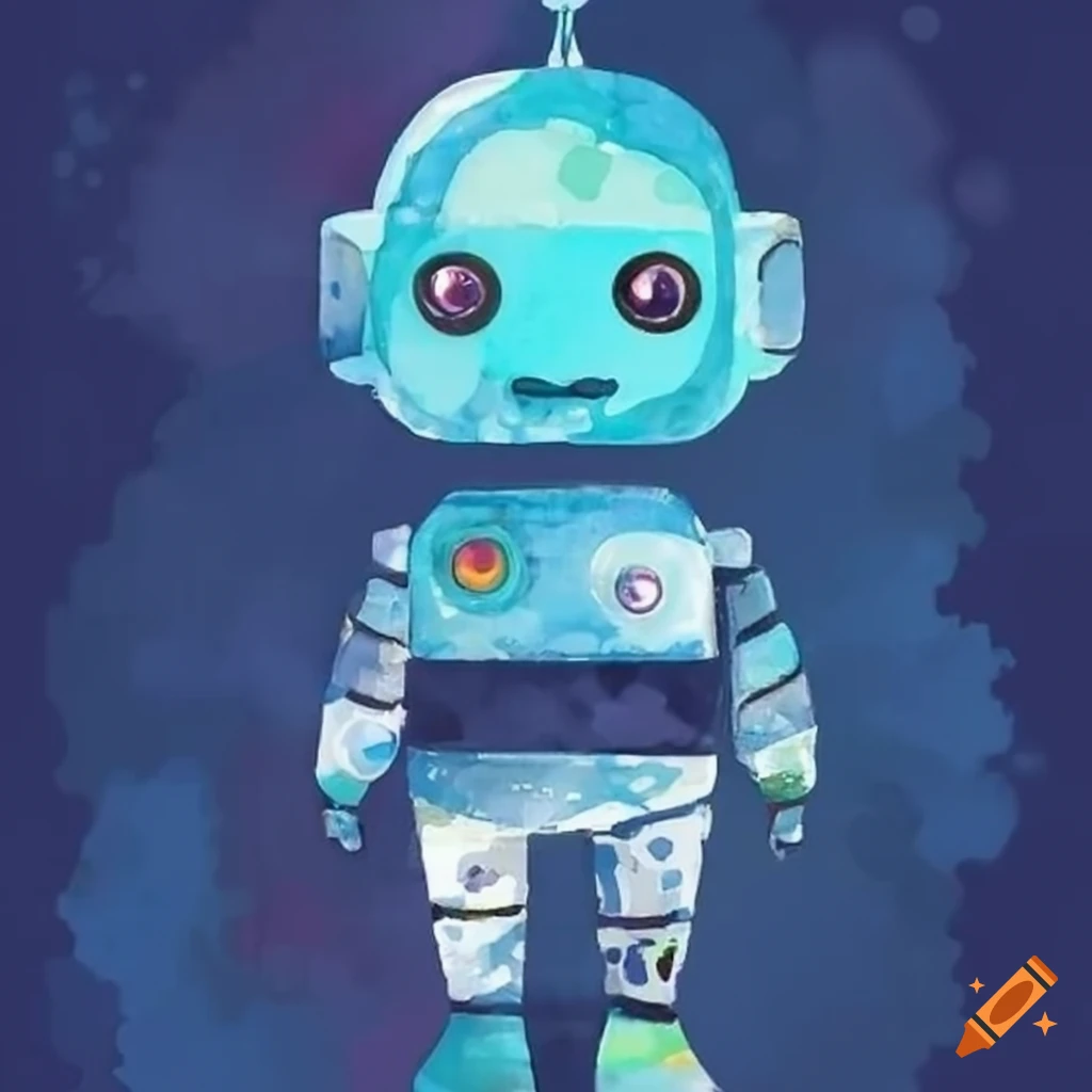 A small, humanoid, gray and blue robot figure on Craiyon