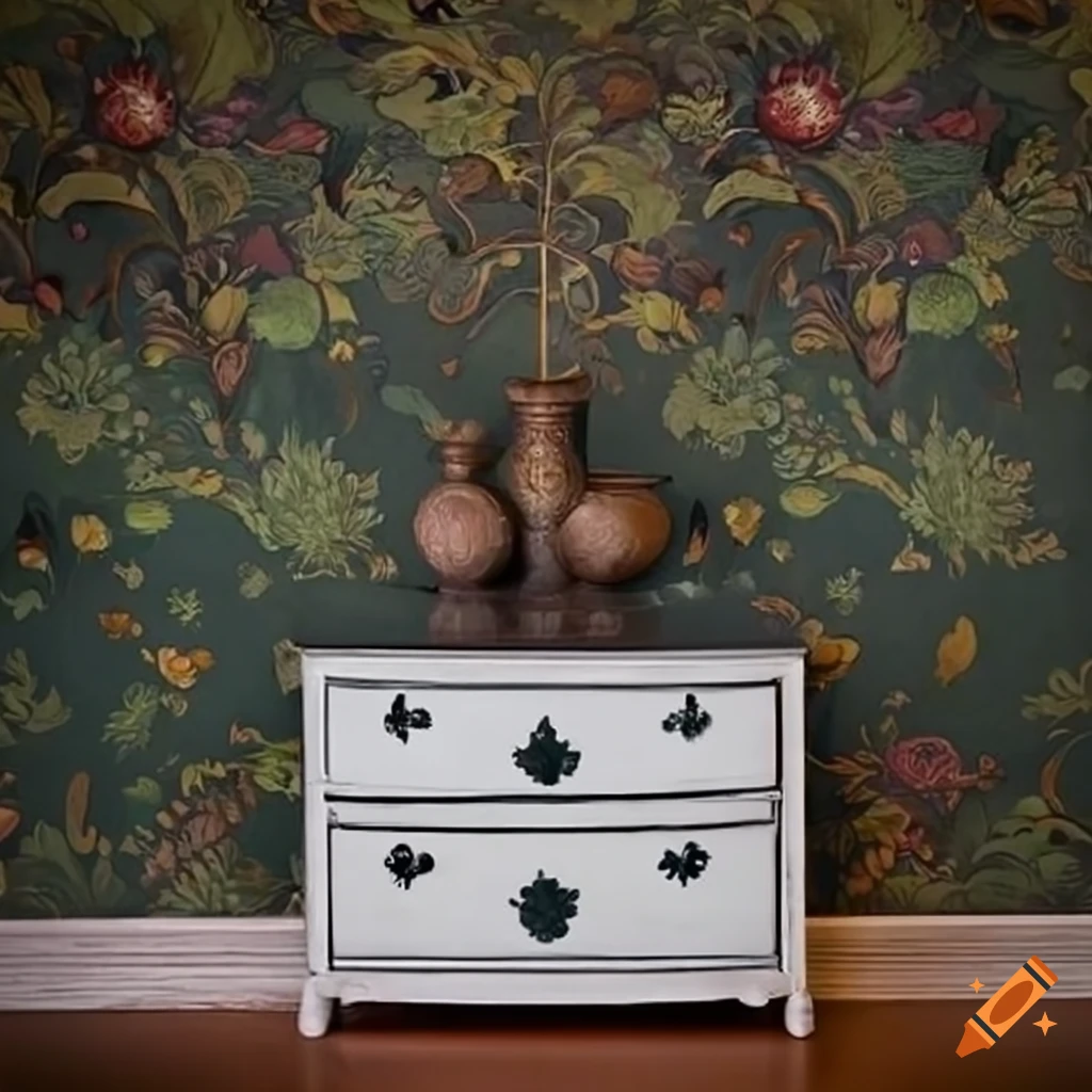 A hand-painted bedside table in vivid colors with floral wallpaper ...